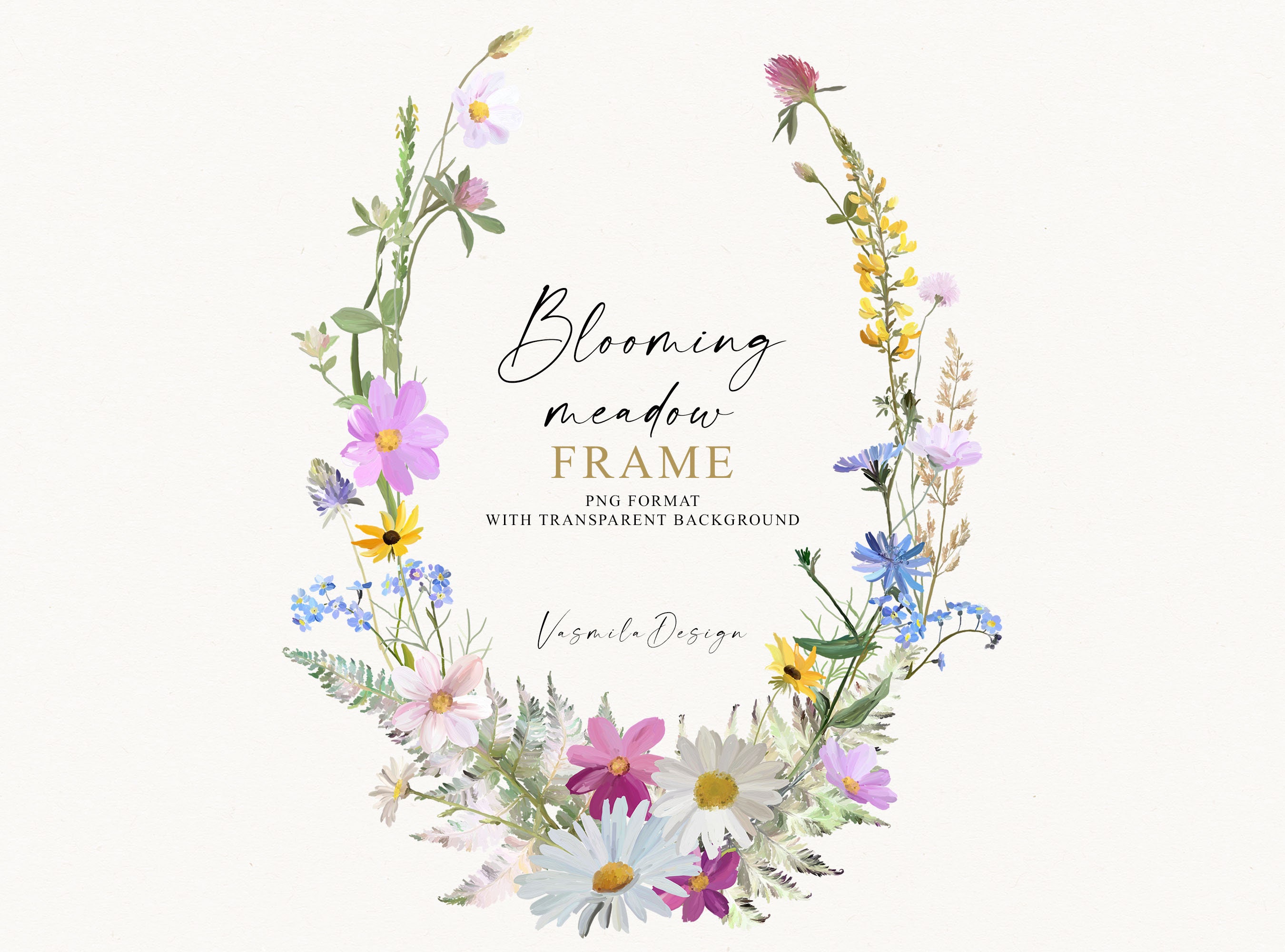 Wildflower Frame PNG, Hand Painted Floral Wreath, Summer Meadow Flowers ...