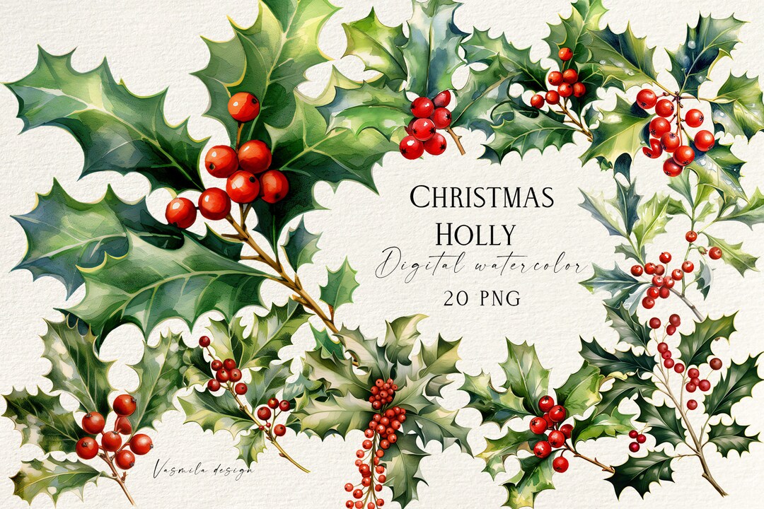 Christmas Holly Watercolor Clipart, Watercolour Holly With Berries ...