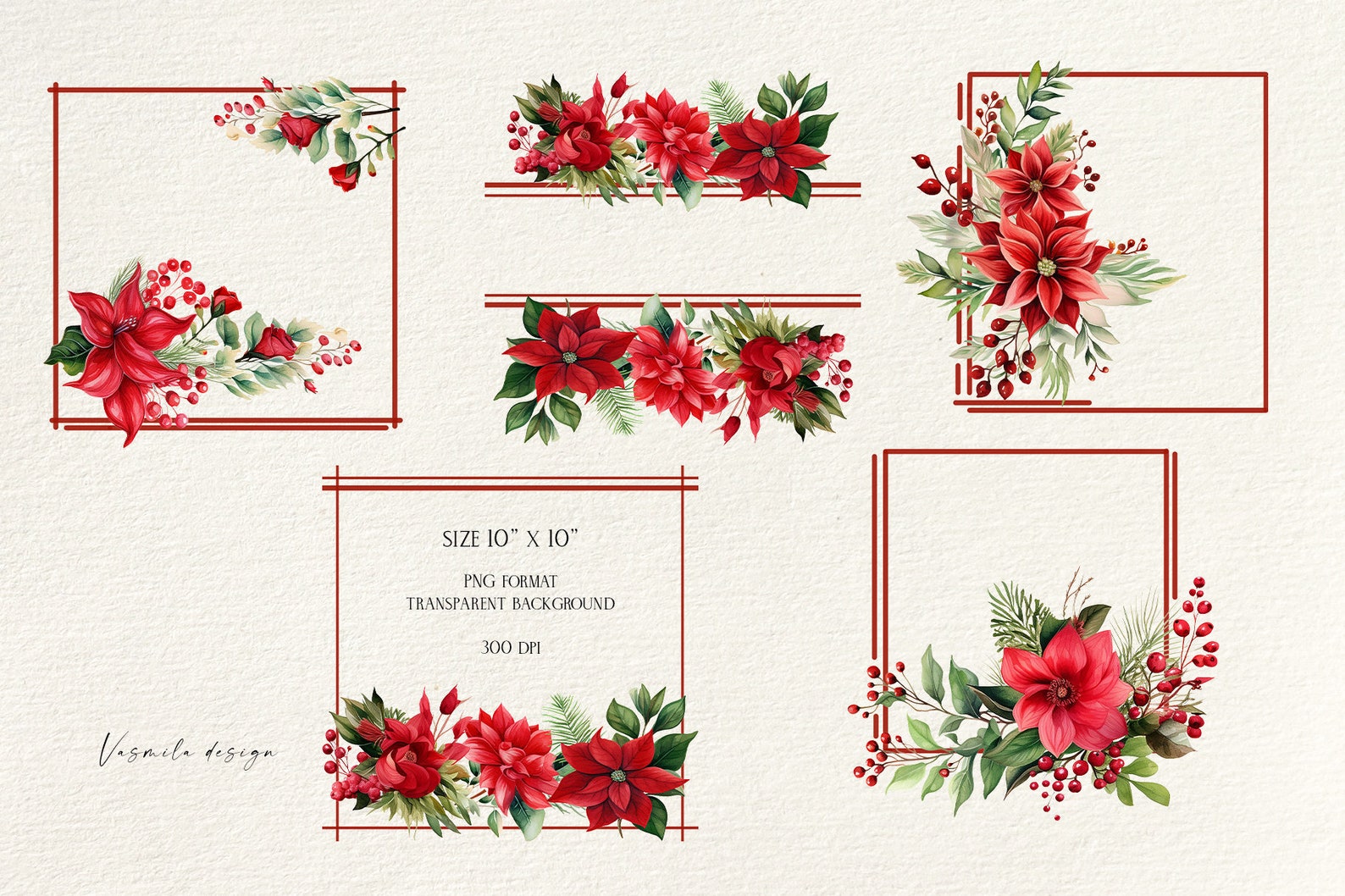 Christmas Decorative Poinsettia Frames PNG, Poinsettia Flower Borders ...