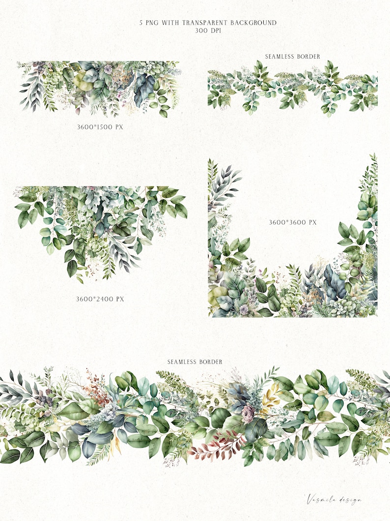 5 bordes de vegetación de acuarela borde sin costuras de - Etsy México