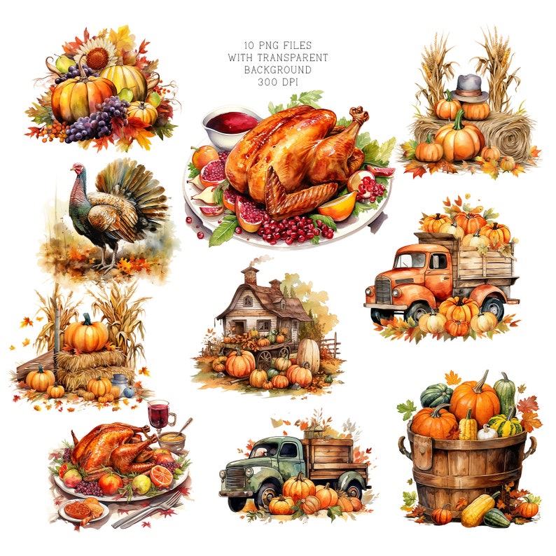 Watercolor Thanksgiving Clipart Bundle: Autumn Harvest Graphics (PNG ...