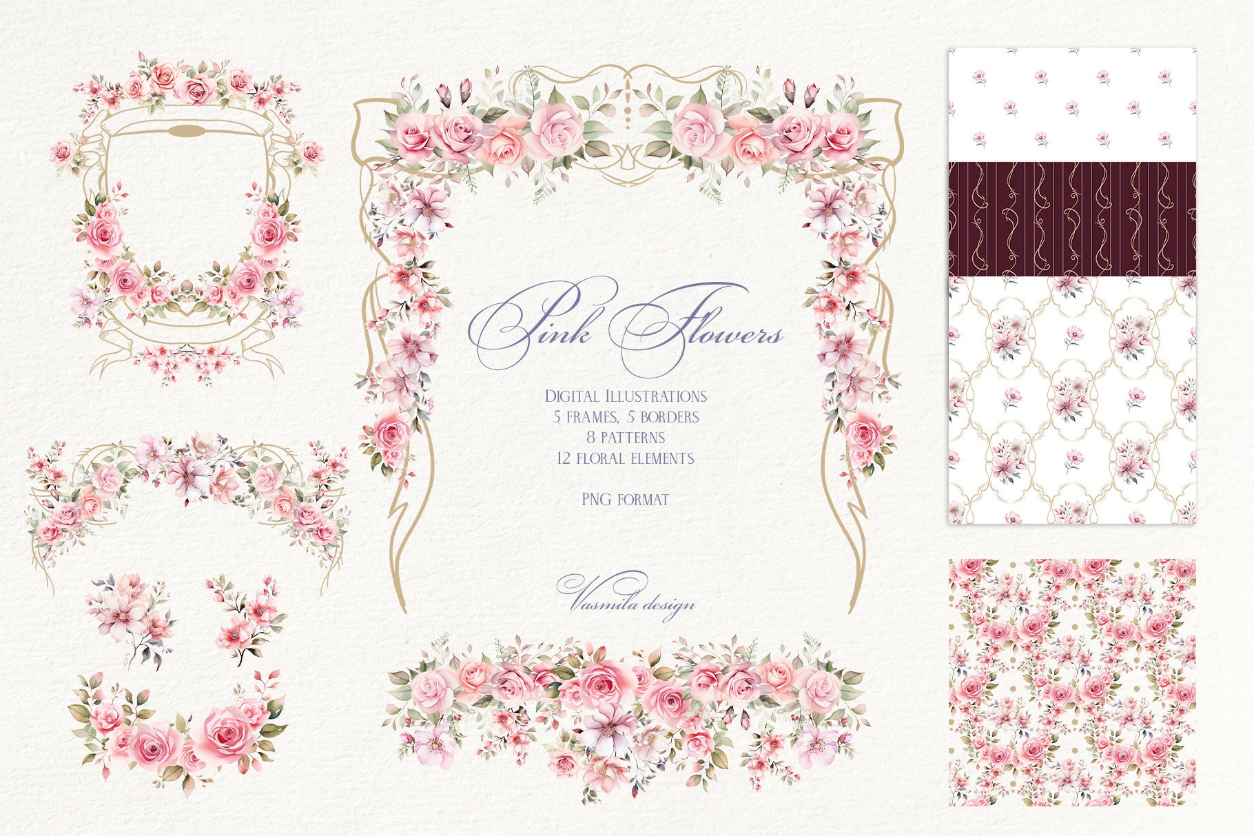 Pink Flower Borders PNG, Watercolor Rose Bouquets and Frames, Vintage ...