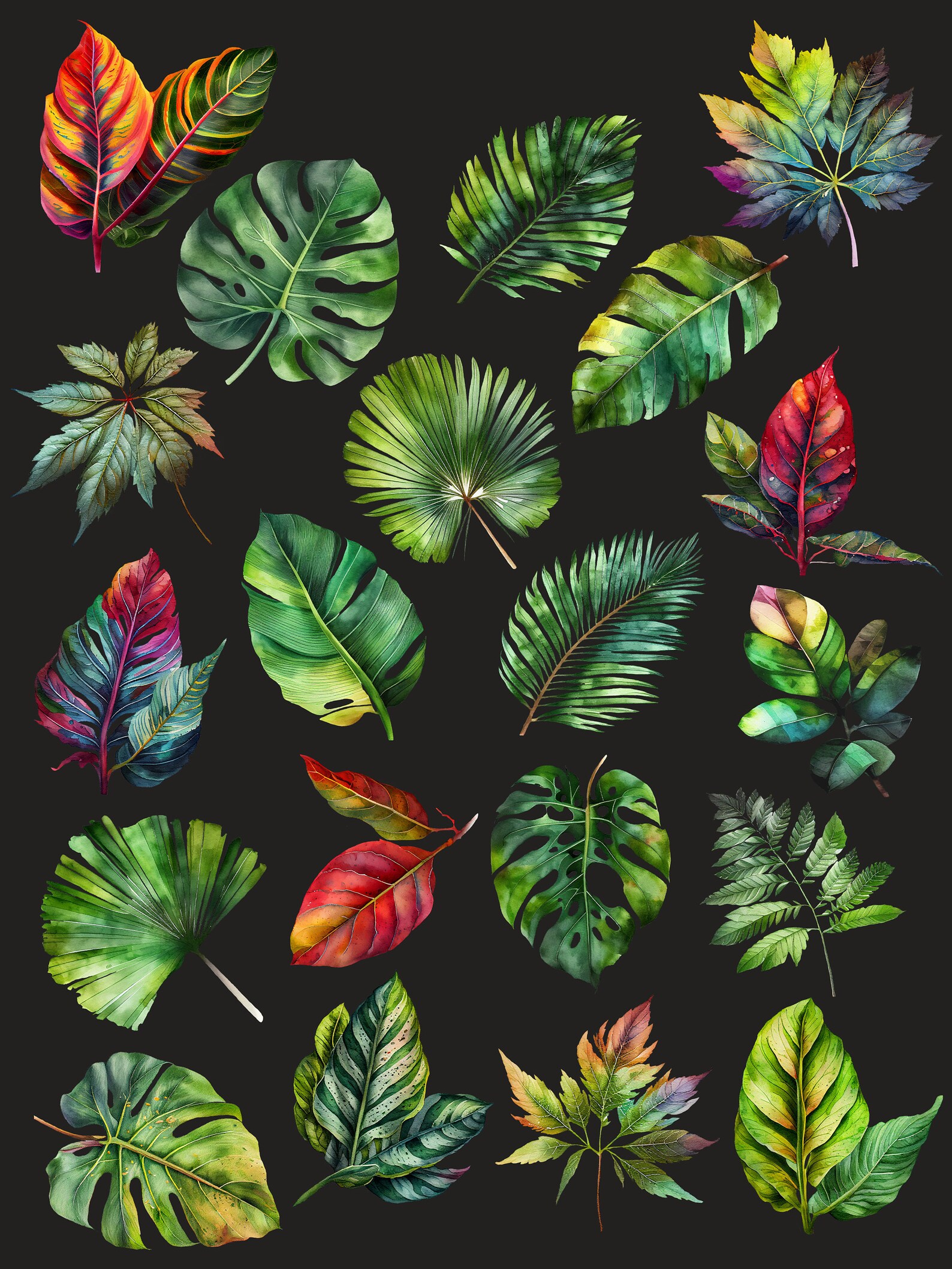 Watercolor Tropical Leaves Clipart: Floral PNG Graphics (digital ...