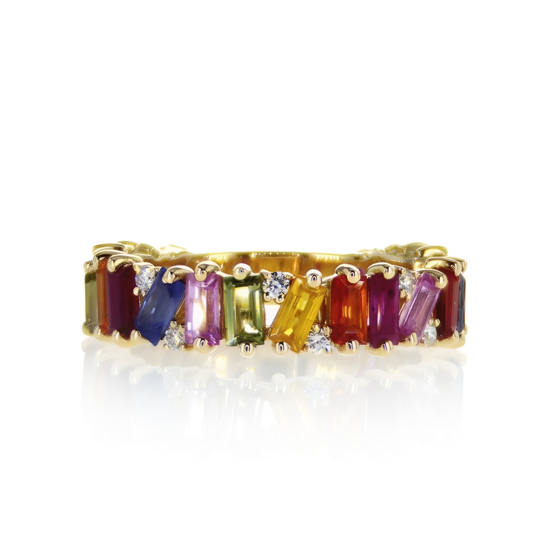 Rainbow Baguette Sapphire & Diamond Ring • 14K Gold • Art Nouveau ...