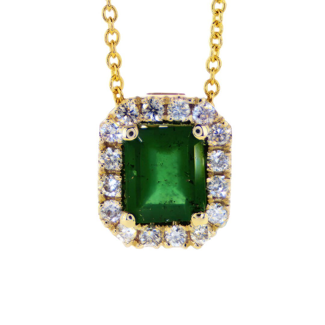 Radiant Emerald and Diamonds Halo Gold Pendant, Radiant Emerald ...