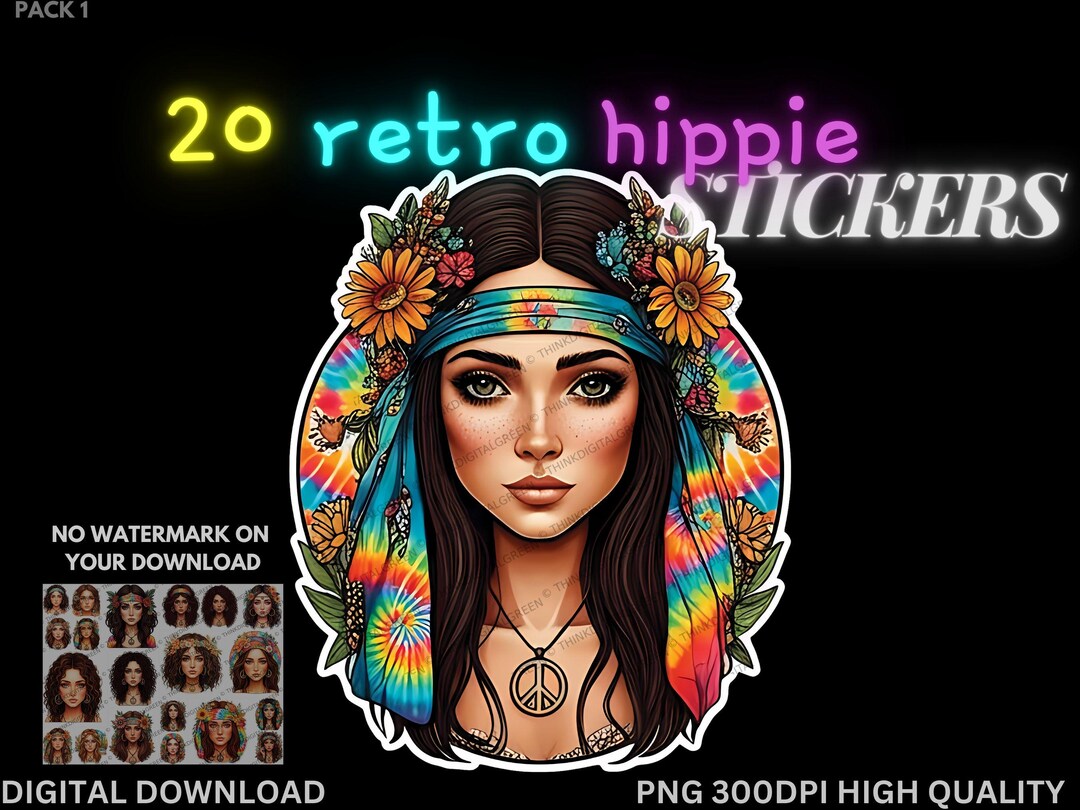 20 Retro Hippie Stickers PNG Digital Download Groovy 70s Boho Sticker ...
