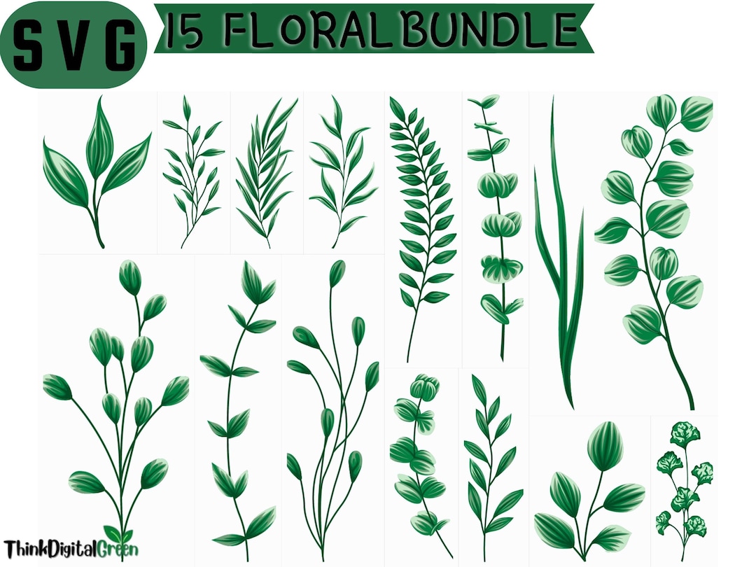 15 Floral Leaf SVG Bundle | Hand-drawn Leaves, Plant & Wreath Templates ...
