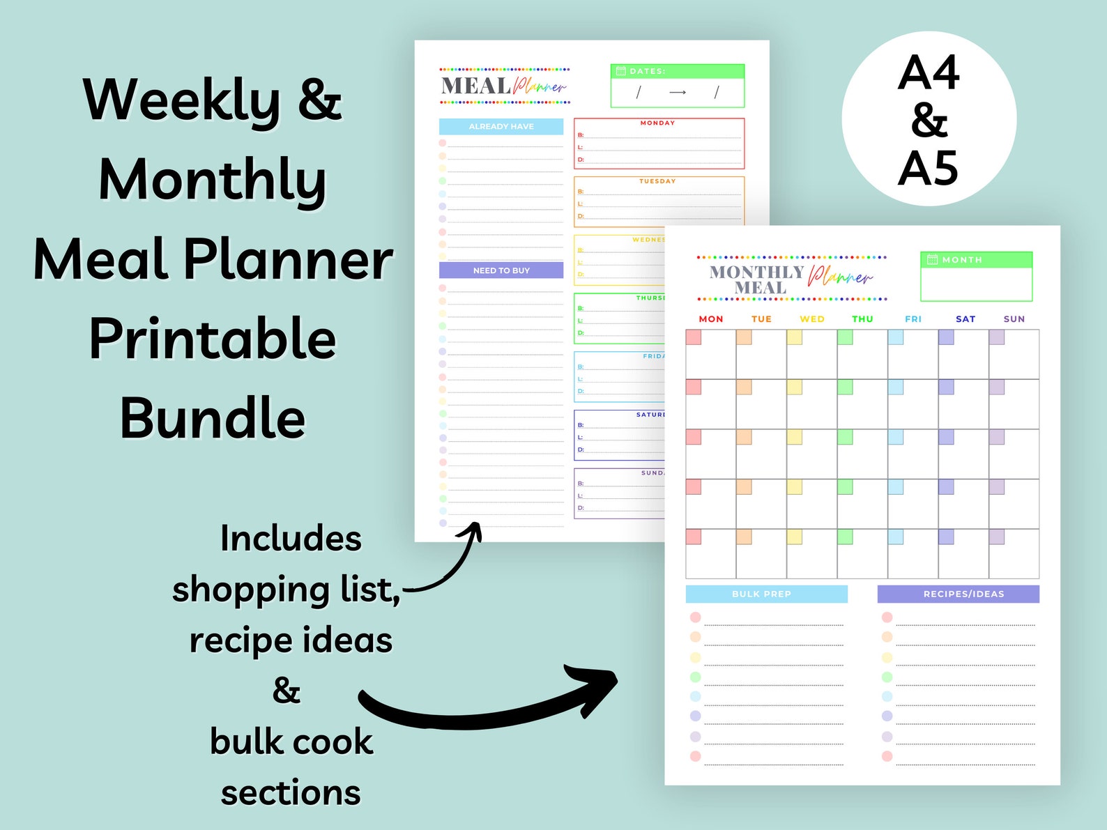 Printable Meal Planner Bundle // Undated Planner, Digital Planner ...