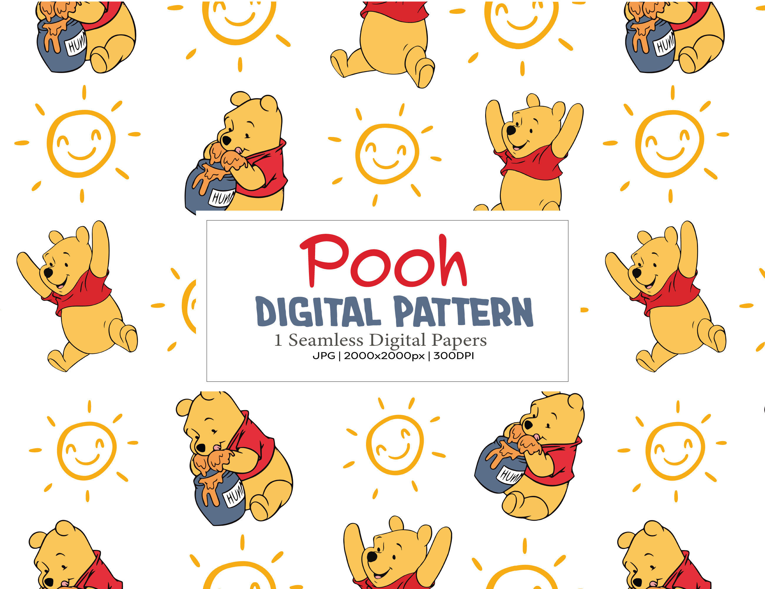 Winnie the Pooh Sun Digital Paper Seamless Pattern Clipart, Boho ...