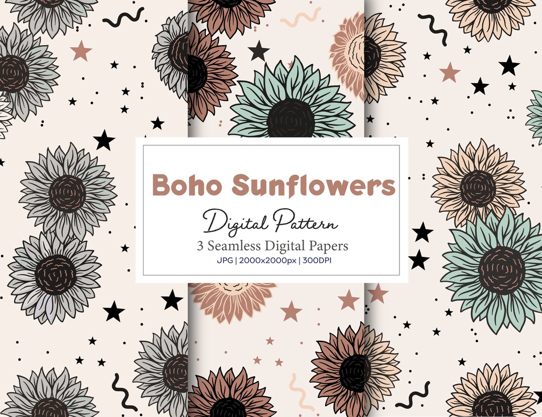 Sunflowers Boho Digital Paper Seamless Pattern, Magical Mystical for ...