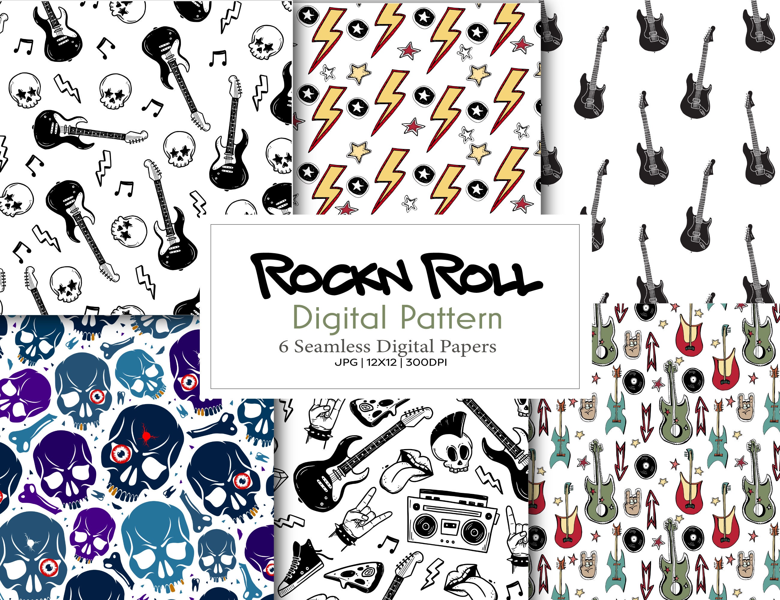 Rock & Roll Digital Paper Patterns Music Punk Wallpaper, Scrapbook ...