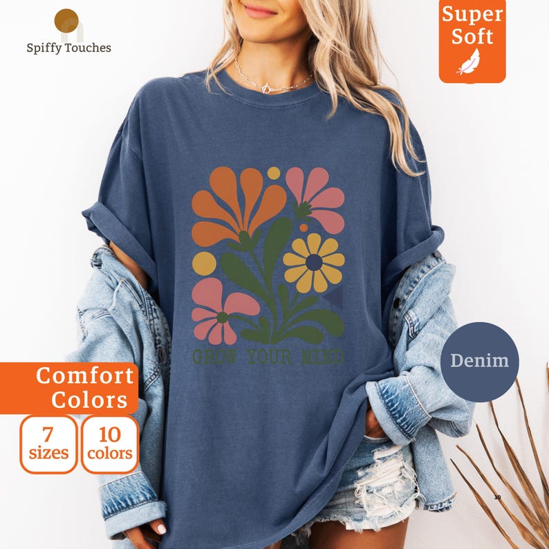Grow Your Mind Floral Comfort Colors T-shirt, Retro Boho Abstract ...