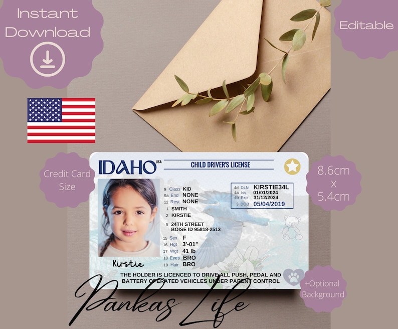 Pretend Play Usa Driver License for Kids, Idaho Driving Licence ...