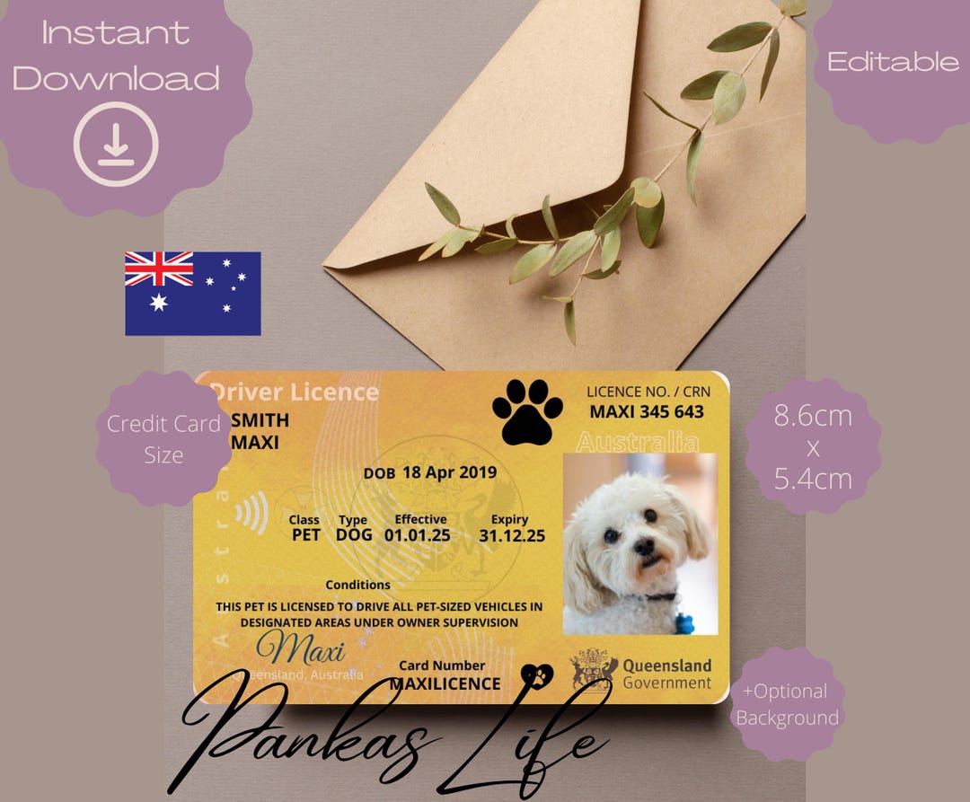 Editable Pretend Play Queensland Driver Licence for Pets Driving ...
