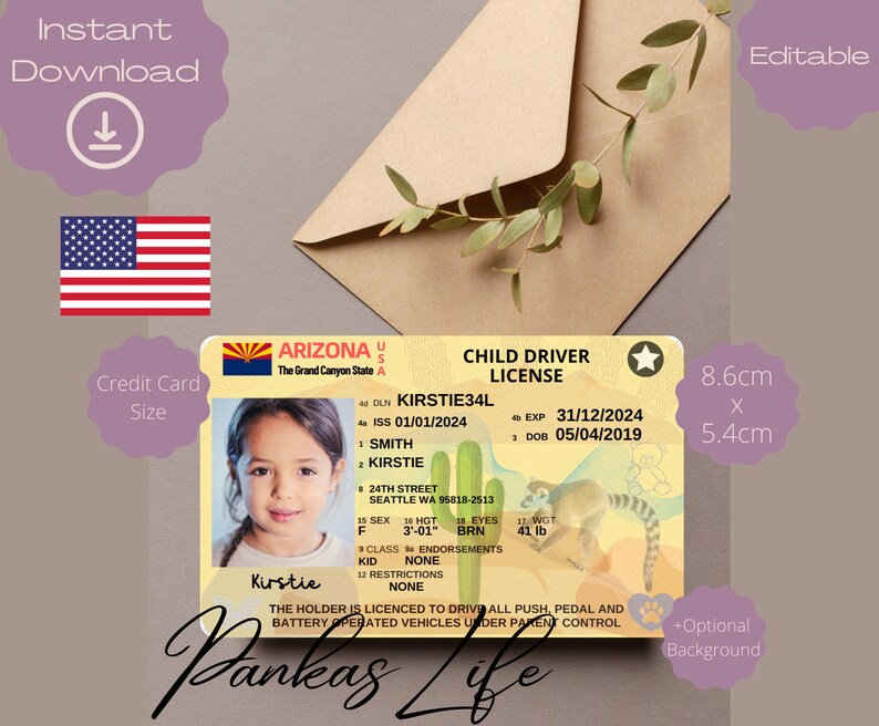 Pretend Play Usa Driver License for Kids, Arizona Driving Licence ...
