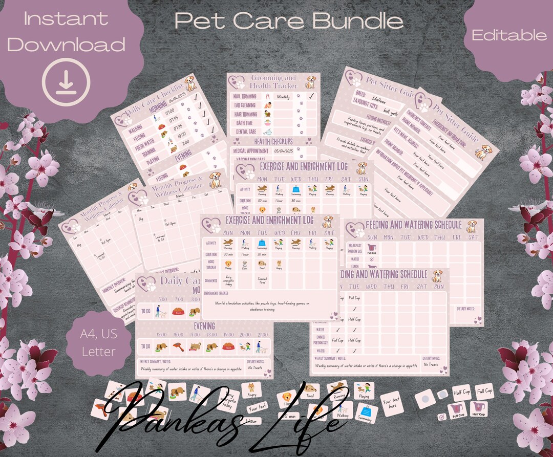 Printable Pet Care Tracker Bundle, Dog Daily Routine Planner, Exercise ...