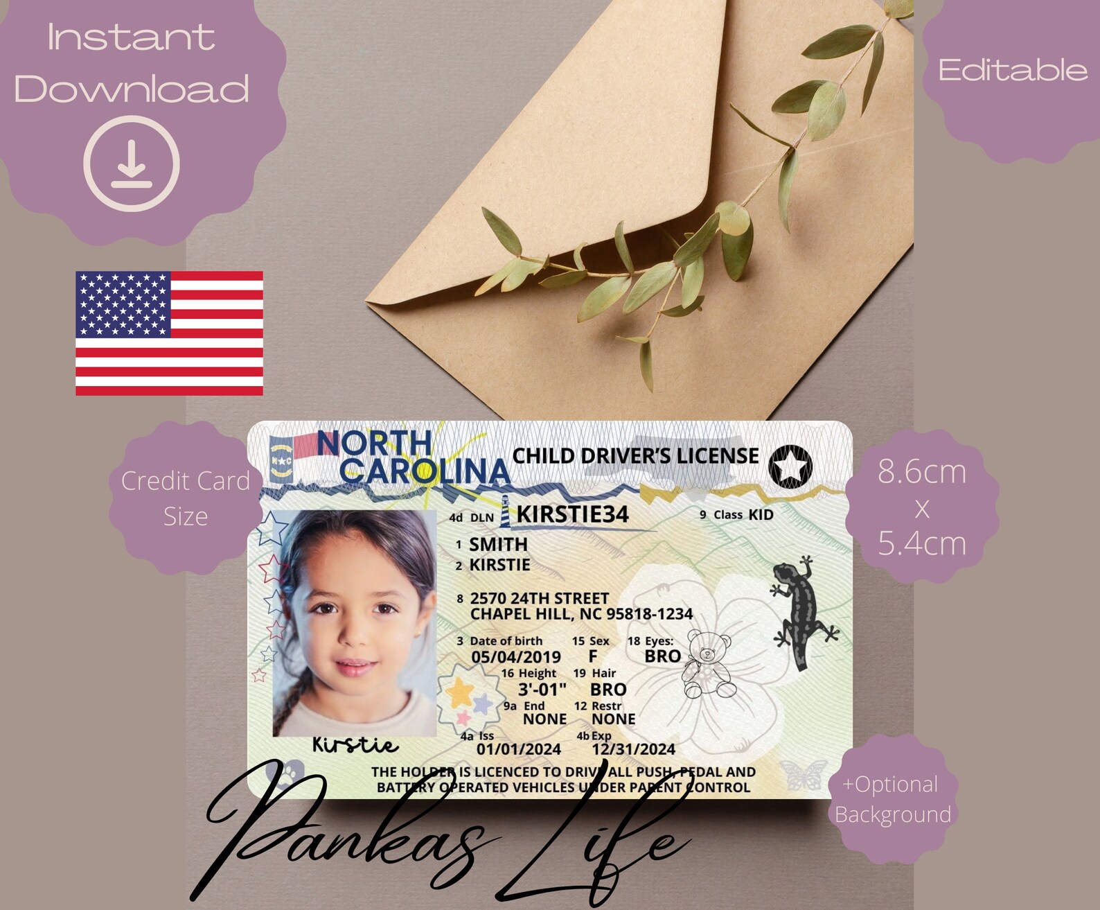 Editable Pretend Play Usa Driver License for Kids North Carolina ...