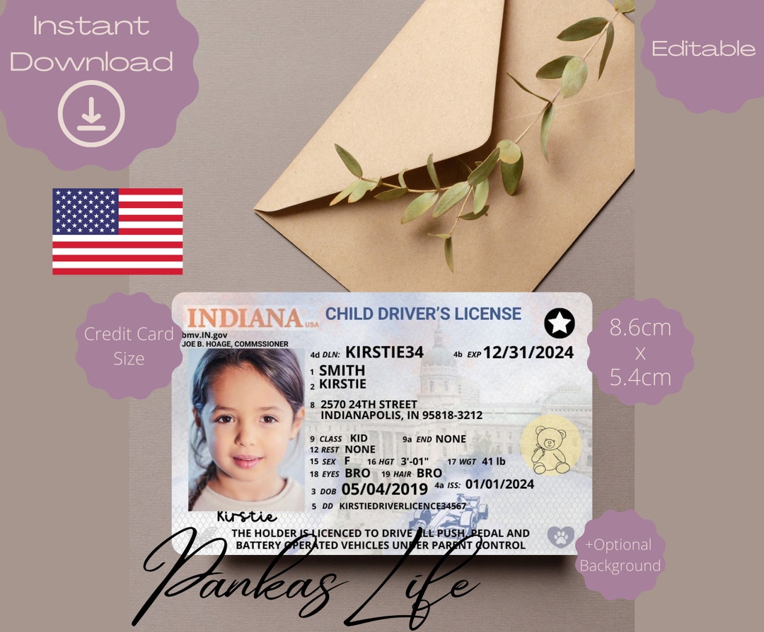 Editable Pretend Play Usa Driver License for Kids Indiana Driving ...