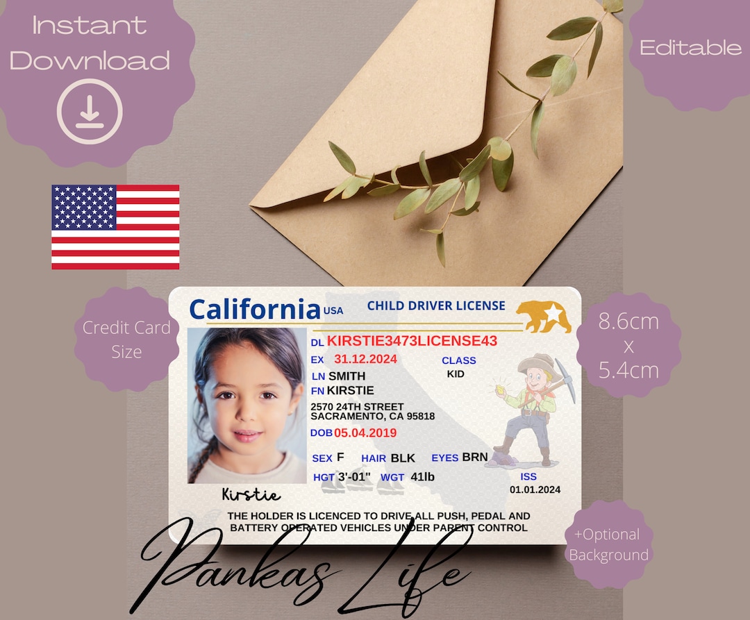 Editable Pretend Play Usa Driver License for Kids, California Driving ...