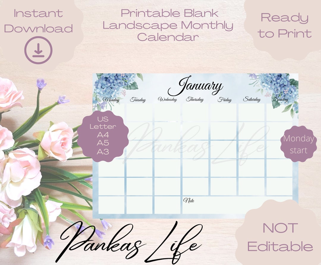Printable Blank Monthly Calendar Floral Large Wall Calendar - Etsy