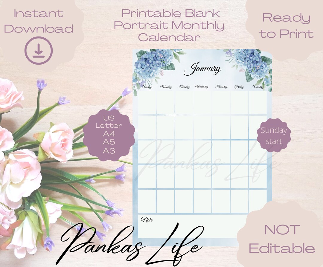 Printable Blank Monthly Wall Calendar 12 Month Calendar - Etsy