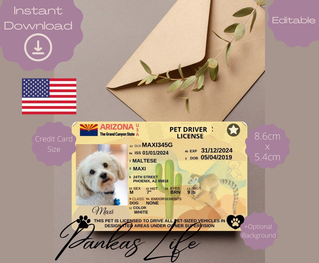 Editable Pretend Play Usa Driver Licence for Pets, Arizona Driving ...