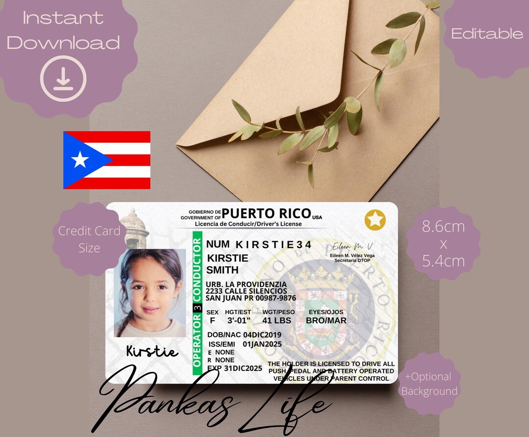 Editable Pretend Play Puerto Rico Driver License for Kids Driving ...
