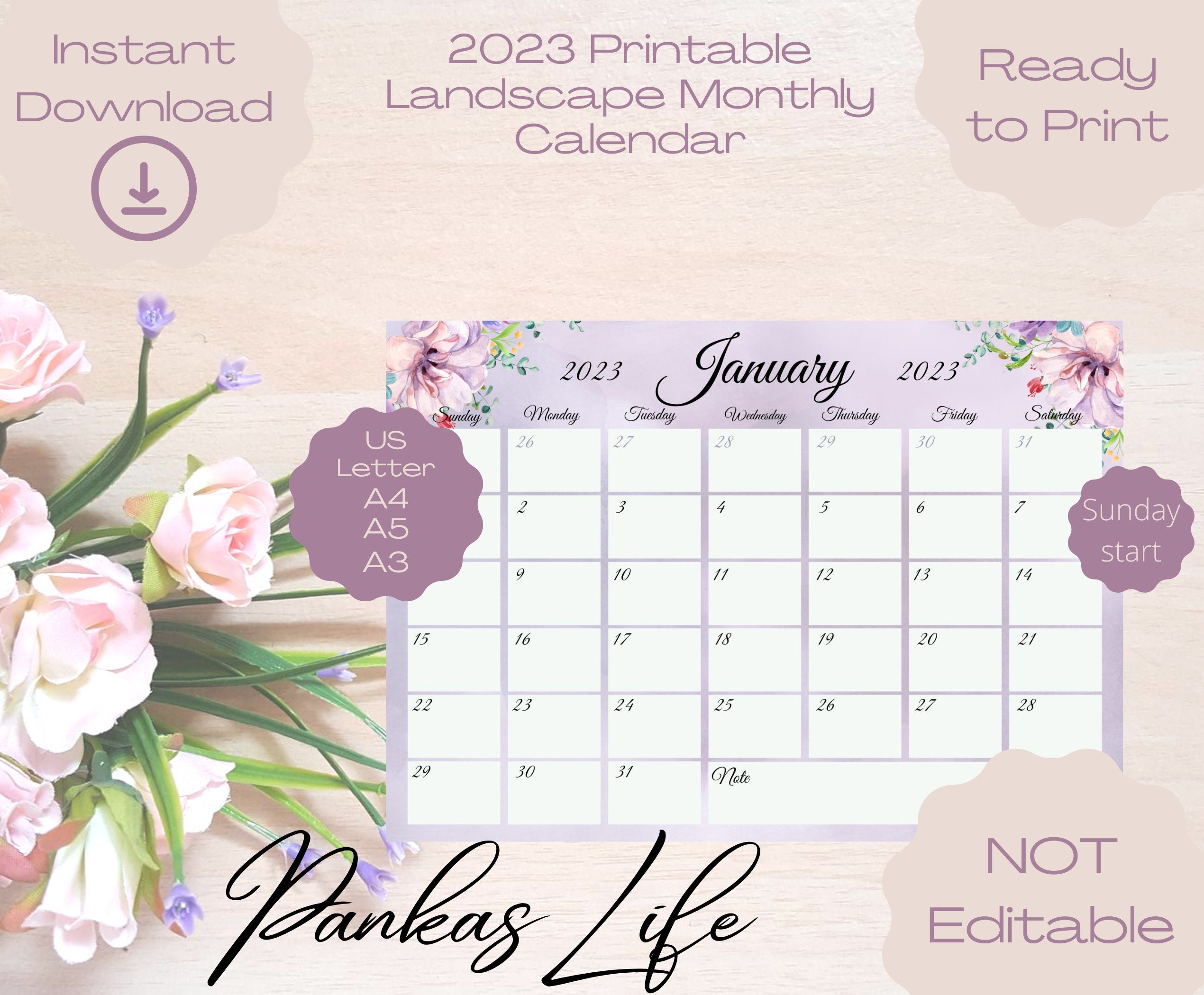 2023 Wall Calendar Printable Calendar Floral Wall Calendar - Etsy