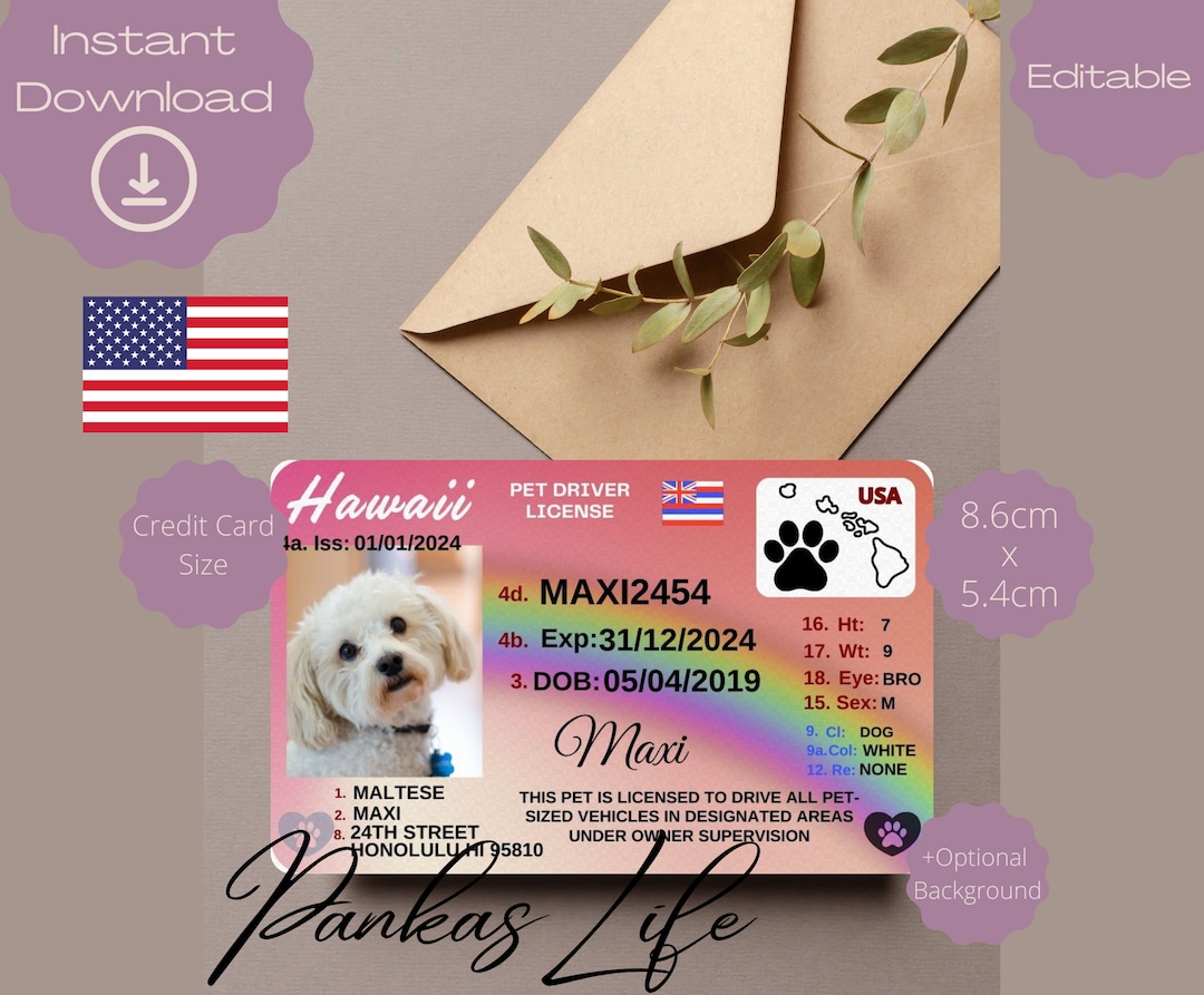 Editable Pretend Play Usa Driver Licence for Pets, Hawaii Driving ...