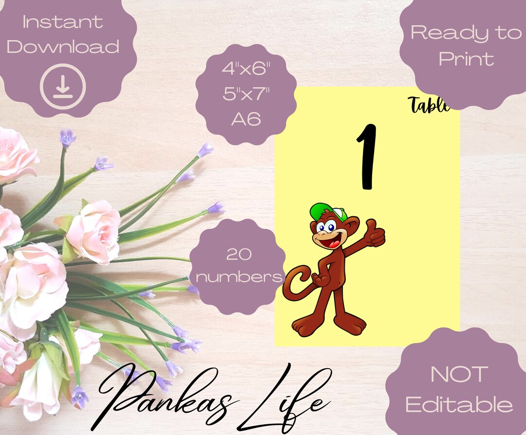 Cute Monkey Table Number Sign, Cute Animal Theme Birthday Table ...