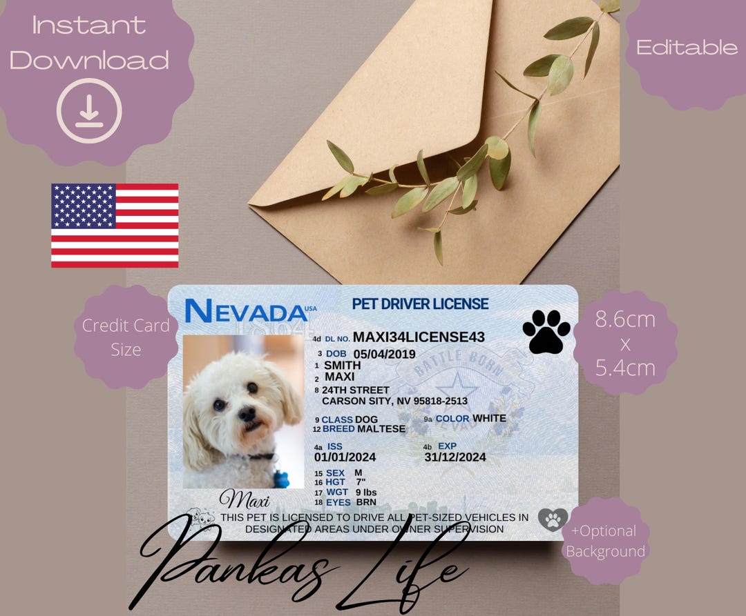 Editable Pretend Play Usa Driver Licence for Pets, Nevada Driving ...