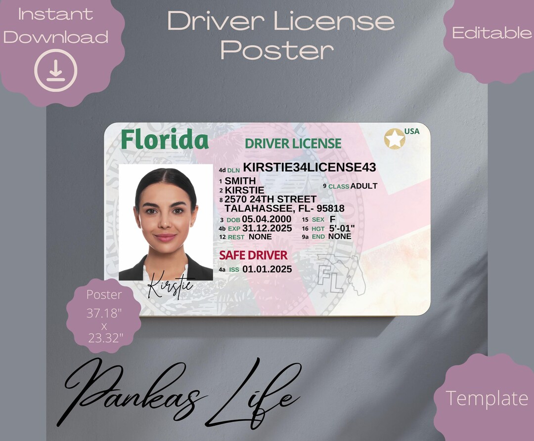 Florida Driver License Poster for Kids, US Driving Licence Template ...