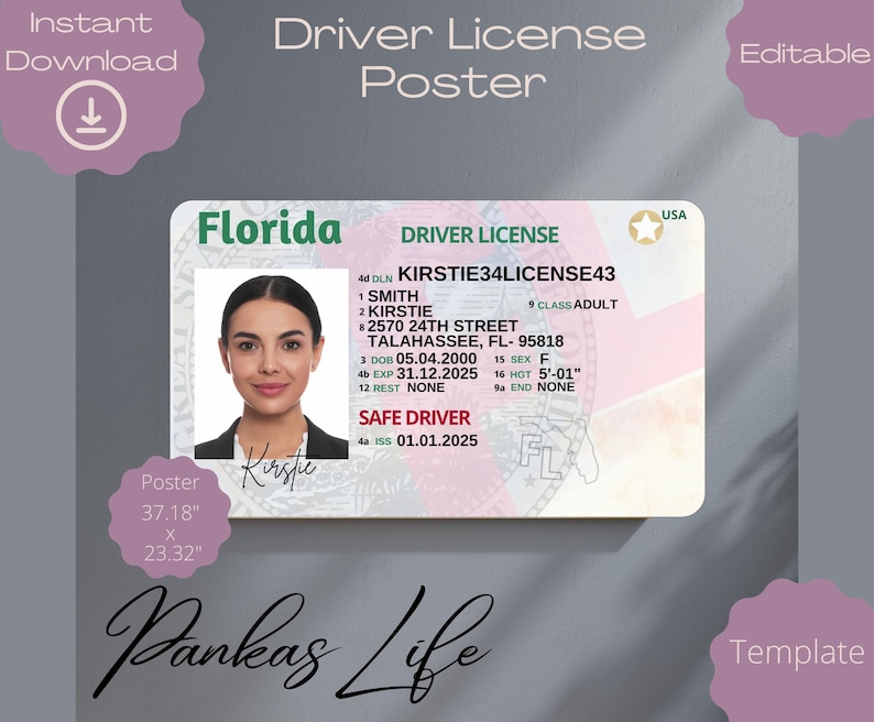 Florida Driver License Poster for Kids, US Driving Licence Template ...