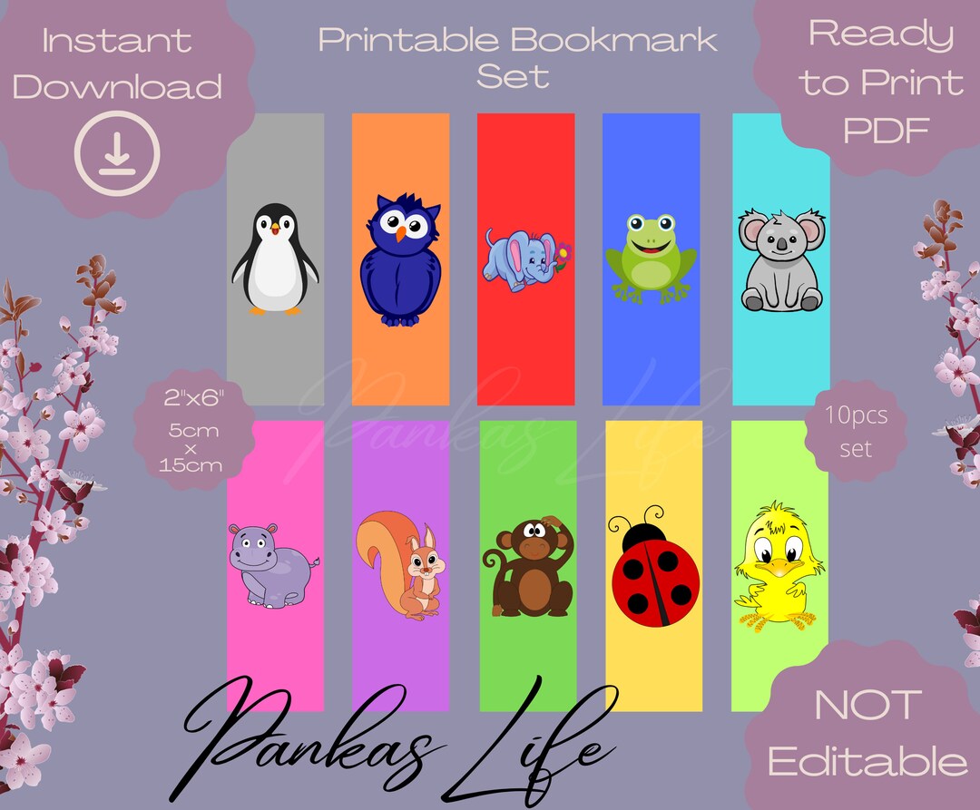 Cartoon Animal Bookmark Set for Kids Printable Cute Colorful Page ...