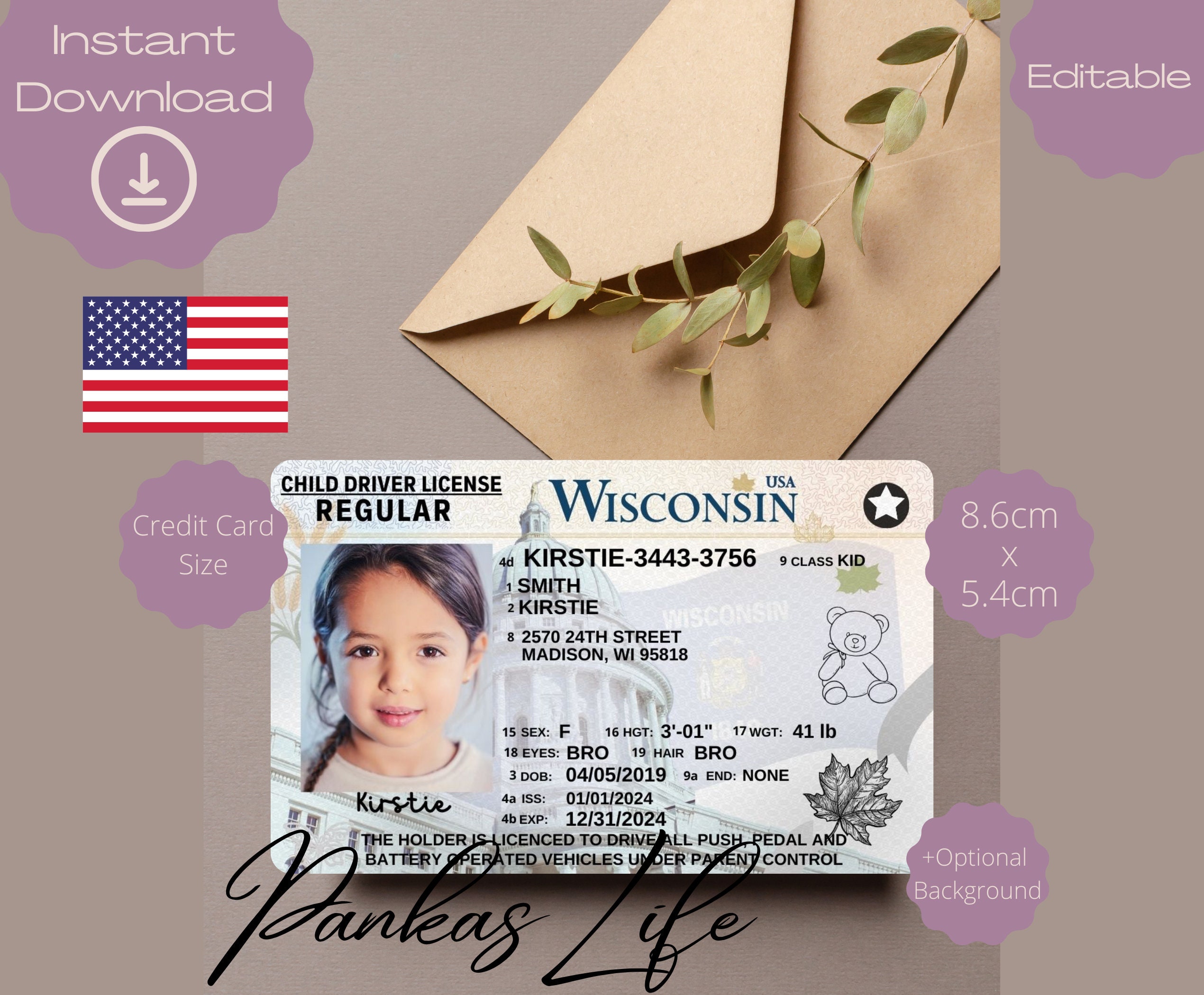 Pretend Play Usa Driver License for Kids, Wisconsin Driving Licence ...