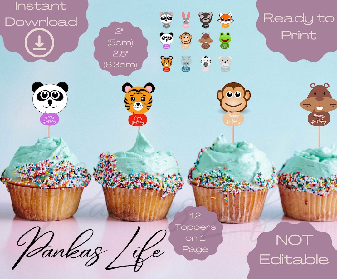 Cute Animal Cake Toppers, Printable Kids Cupcake Toppers, Kids Birthday ...