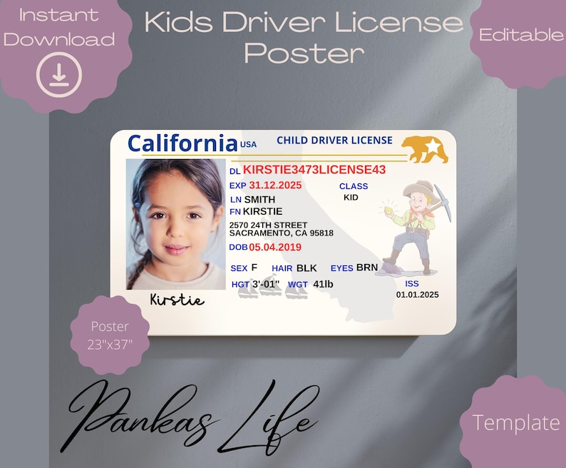 California Driver License Poster for Kids, US Driving Licence Template ...