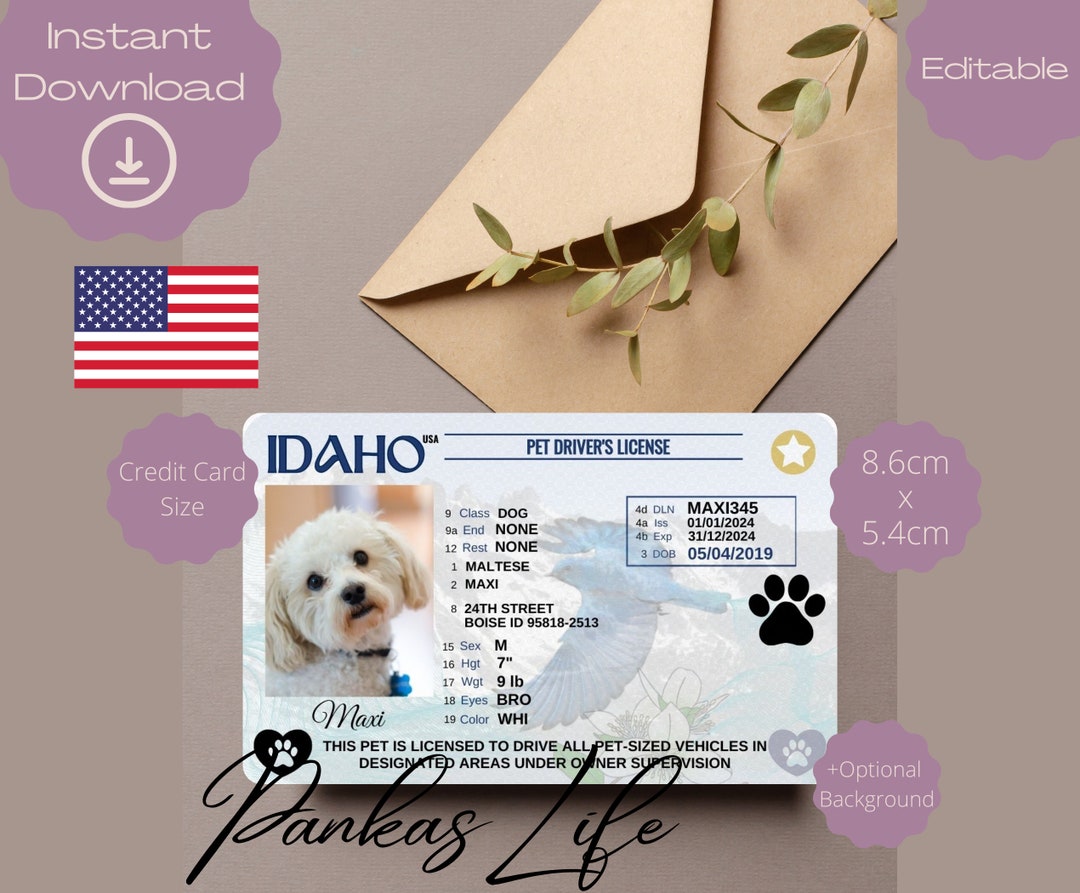 Editable Pretend Play Usa Driver Licence for Pets, Idaho Driving ...