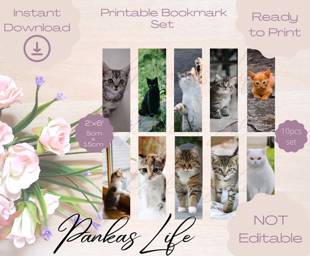 Printable Cat Bookmarks, Party Favor Gift for Cat Lover, Bookmark Set ...