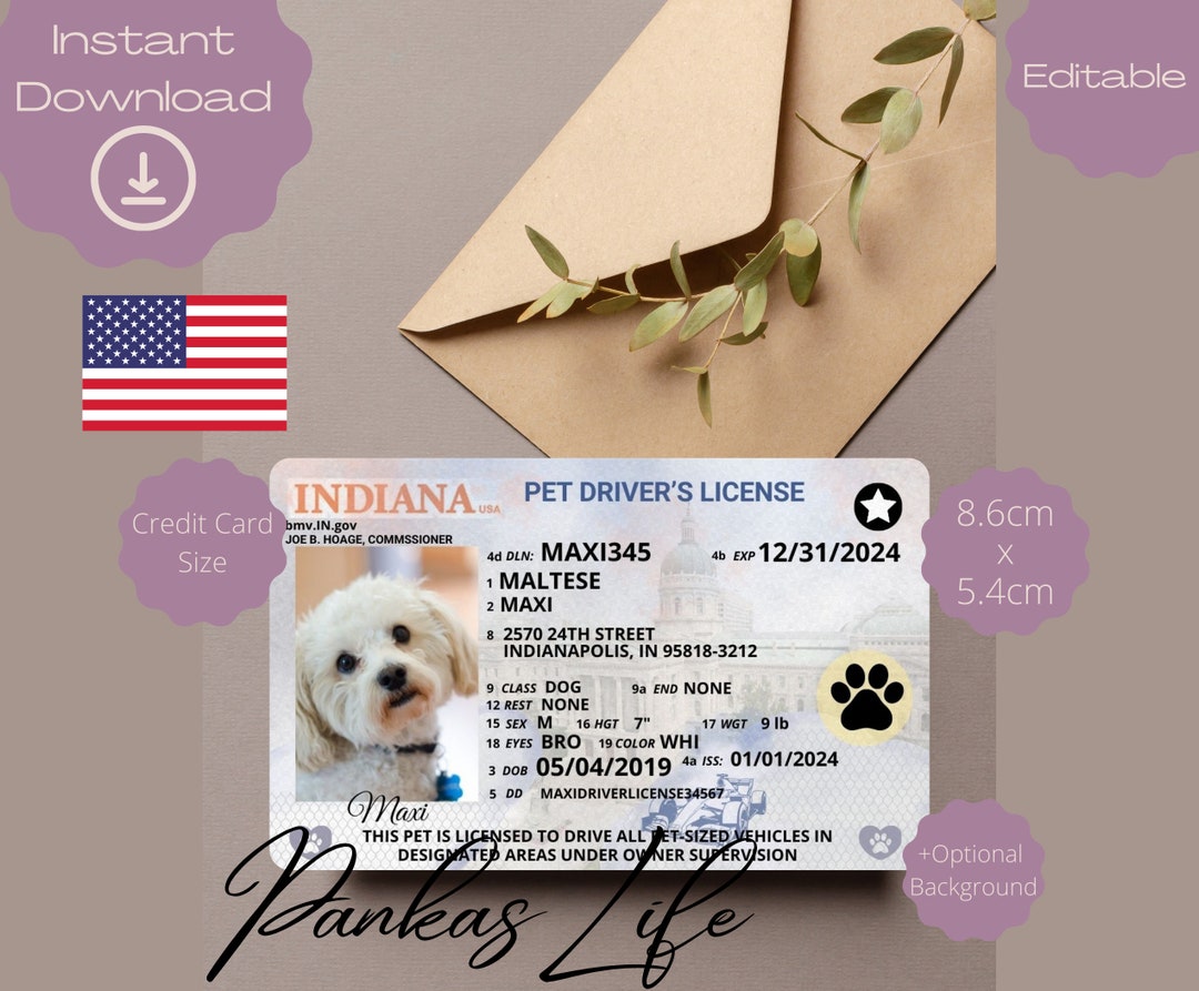 Editable Pretend Play Usa Driver Licence for Pets, Indiana Driving ...