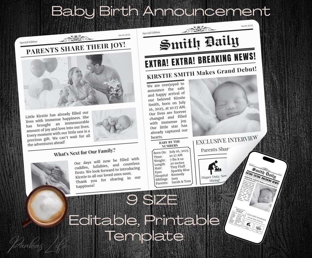 Digital Baby Announcement Newspaper Template, Baby Arrival Gift ...