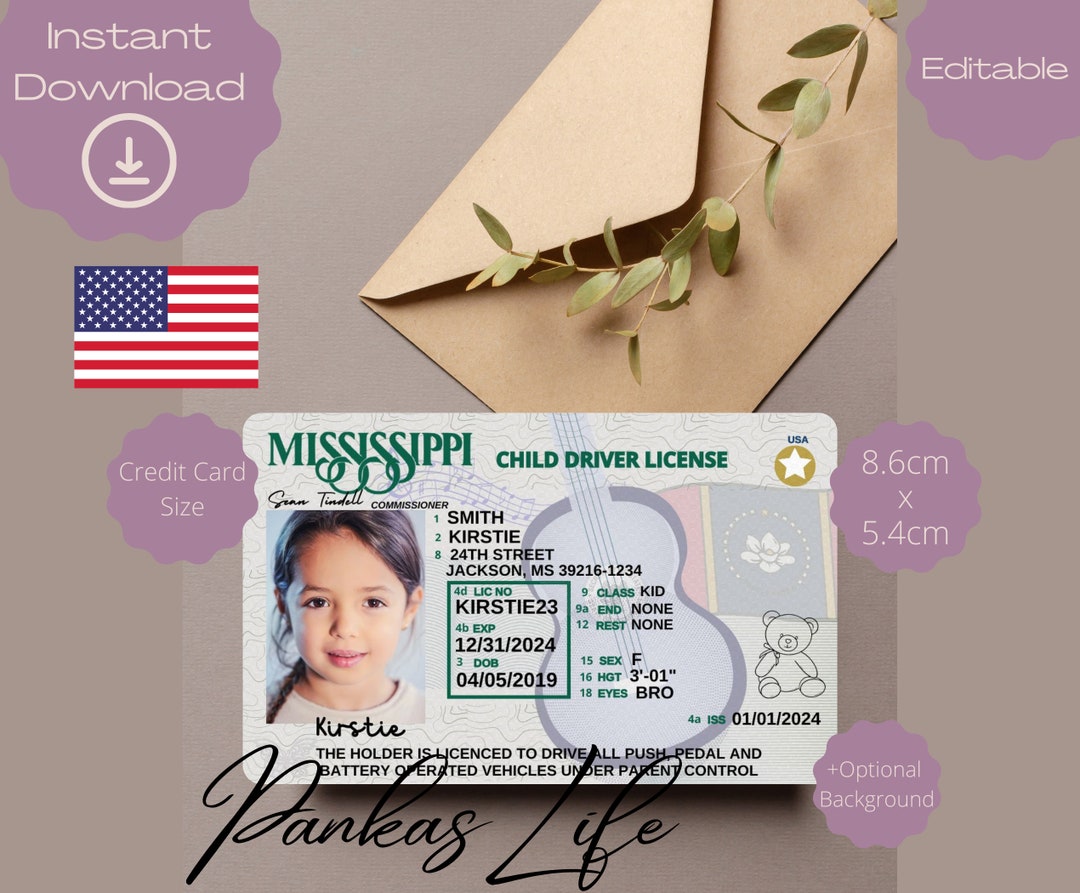 Pretend Play Usa Driver License for Kids, Mississippi Driving Licence ...