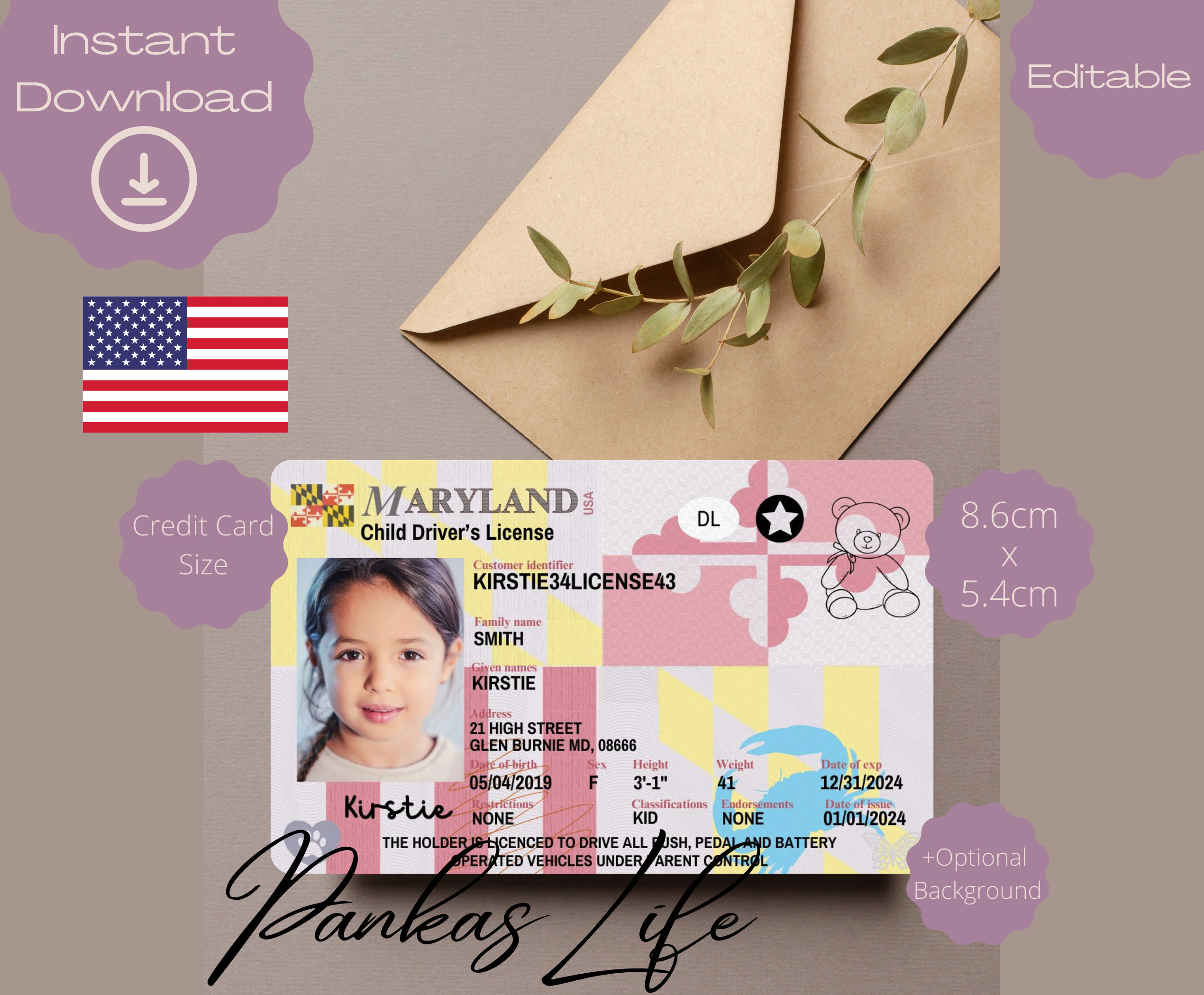 Editable Pretend Play Usa Driver License for Kids Maryland Driving ...
