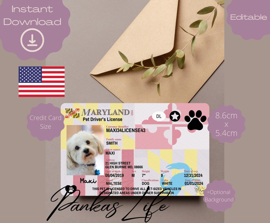 Editable Pretend Play Usa Driver License for Pets, Maryland Driving ...