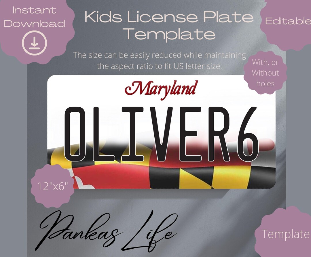 Custom License Plate for Kids, Maryland Kids Room Decor Template ...