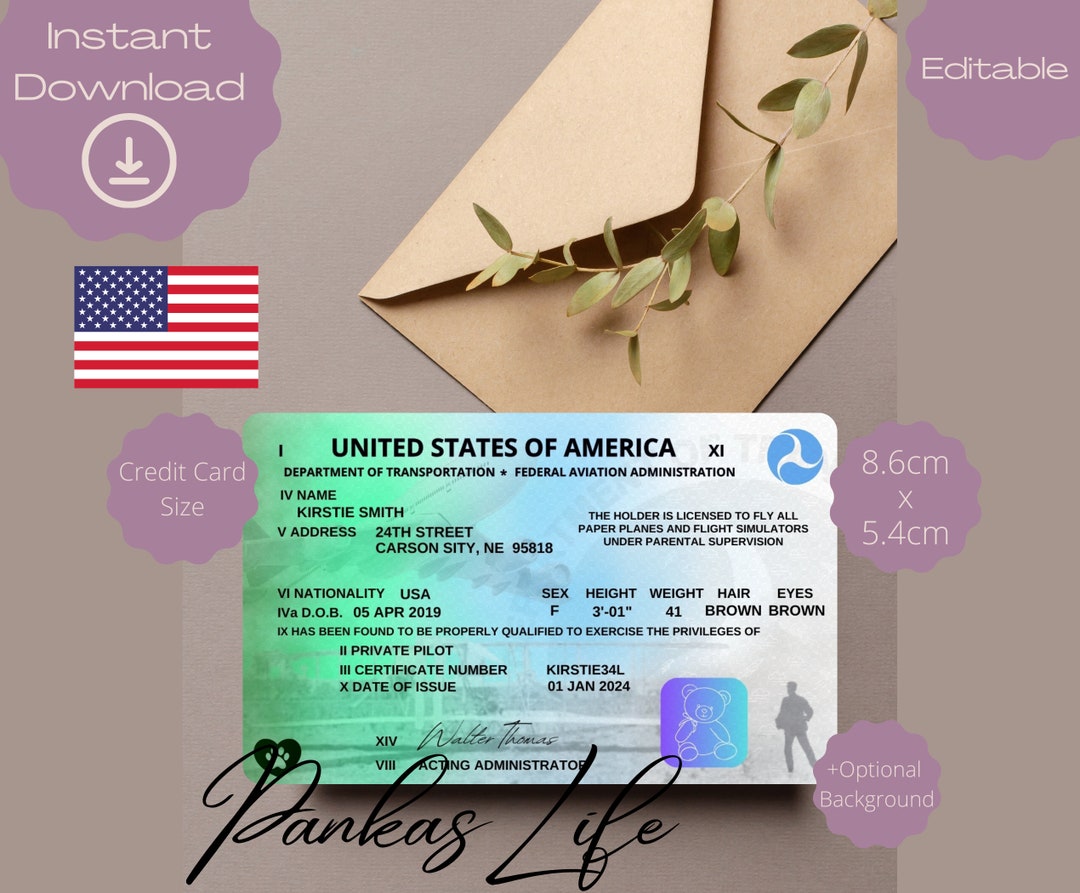 Pretend Play Us Pilot License for Kids Airplane Driving Licence ...