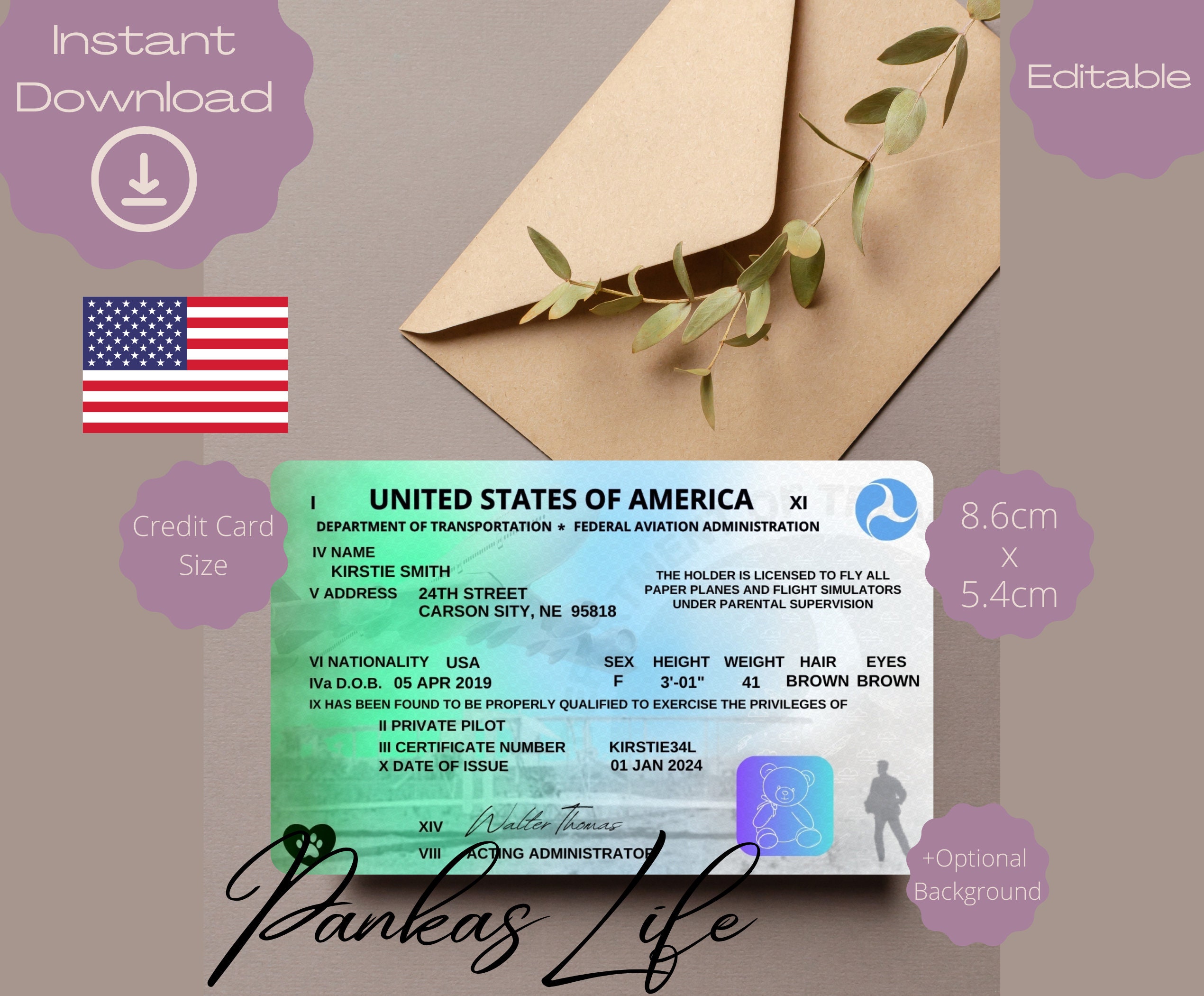 Pretend Play Us Pilot License for Kids Airplane Driving Licence ...