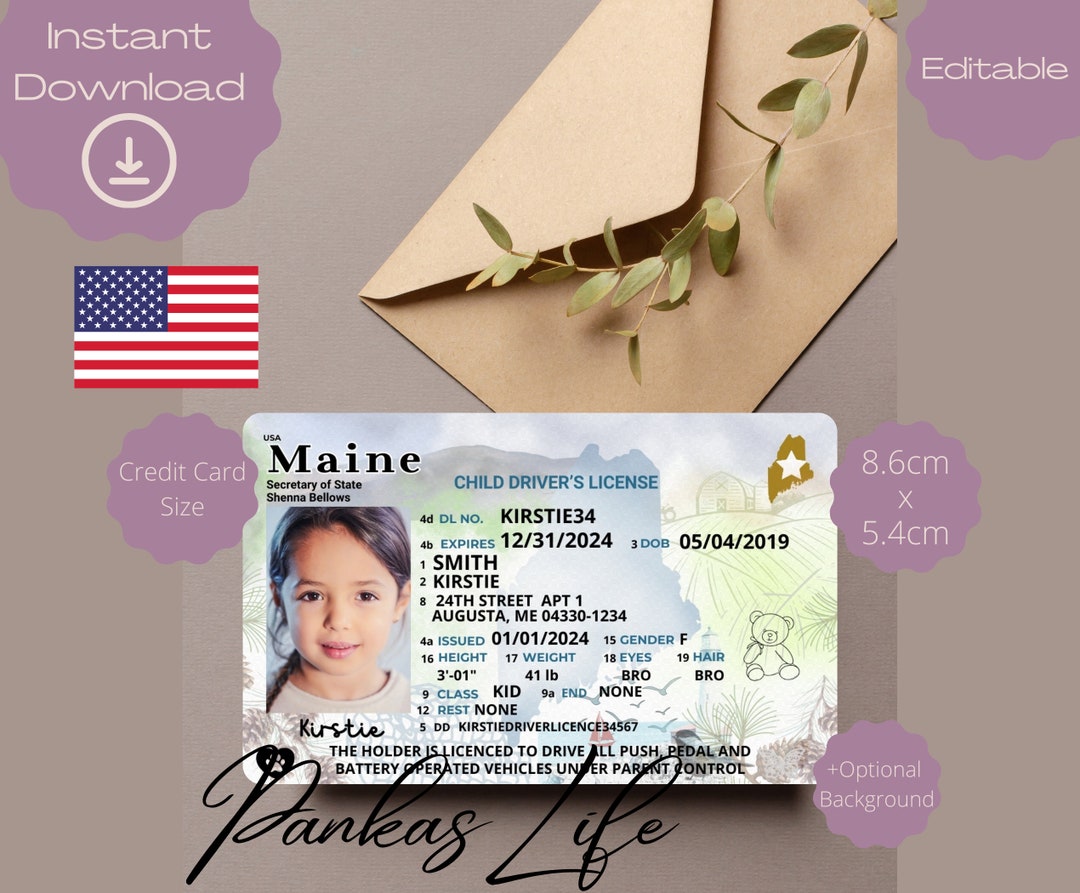 Pretend Play Usa Driver License for Kids, Maine Driving Licence ...