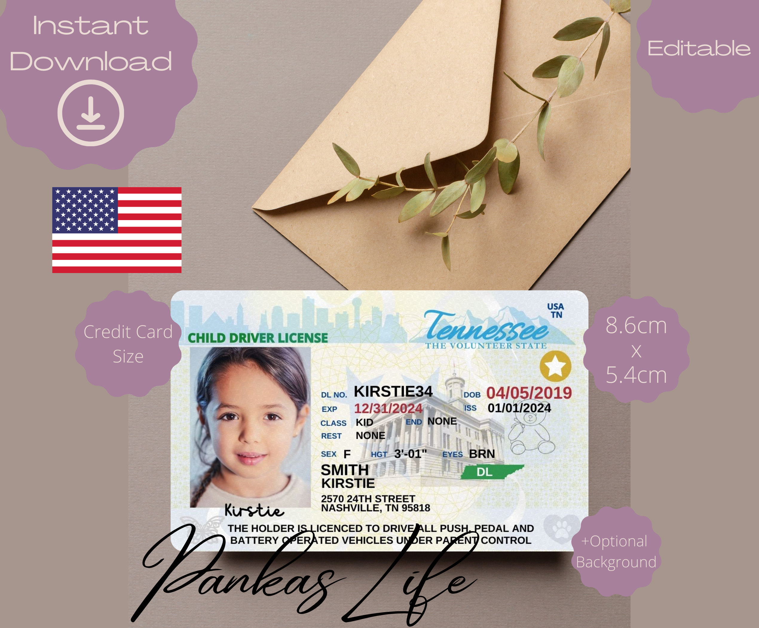 Editable Pretend Play Usa Driver License for Kids, Tennessee Driving ...