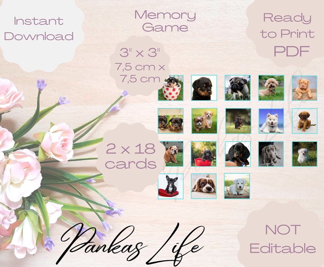 Printable Puppies Memory Game, Animal Matching Cards, Dog Lover Gift ...